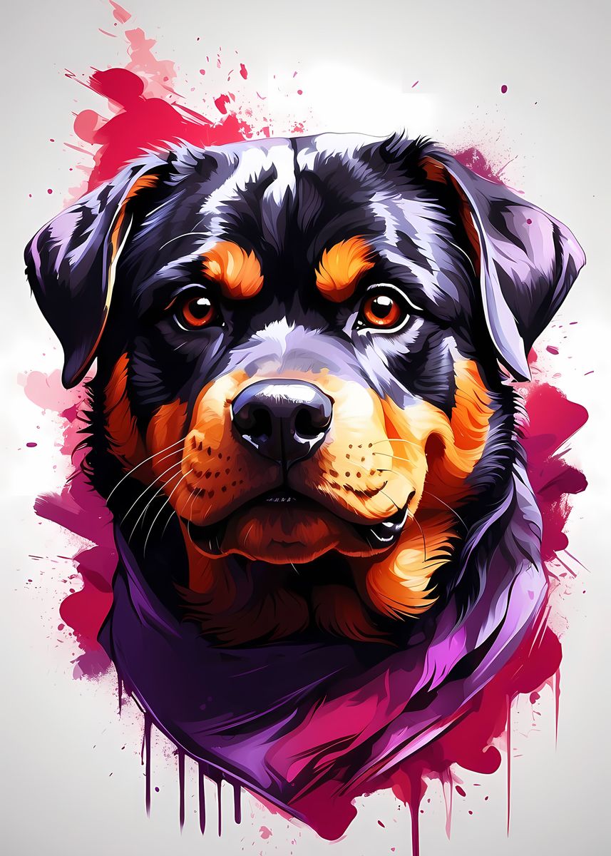'Vivid Rottweiler Portrait' Poster, picture, metal print, paint by ...