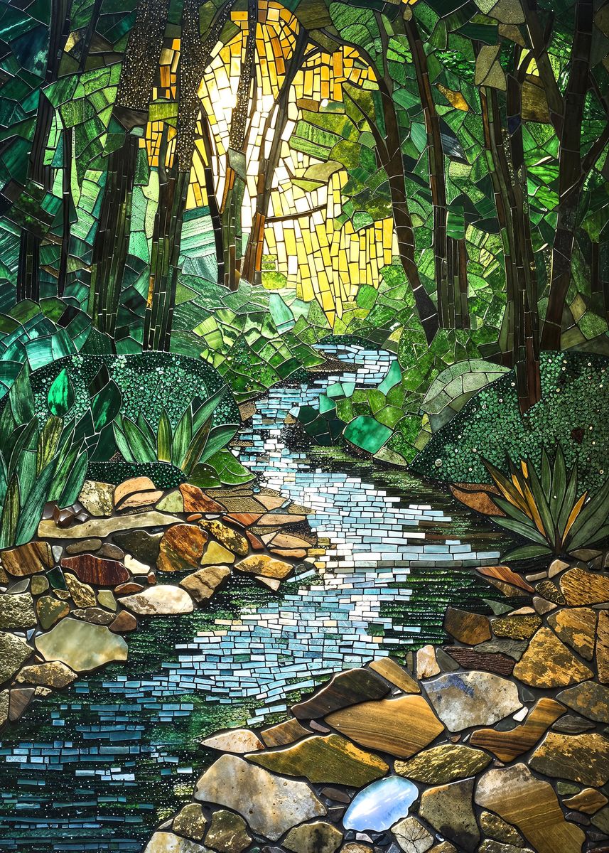 'Mosaic Forest Stream Art' Poster, picture, metal print, paint by ...