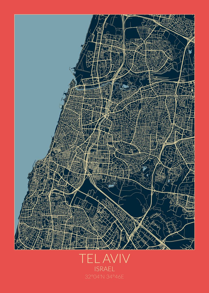 'Tel Aviv Map Red Blue' Poster, picture, metal print, paint by dkDesign | Displate