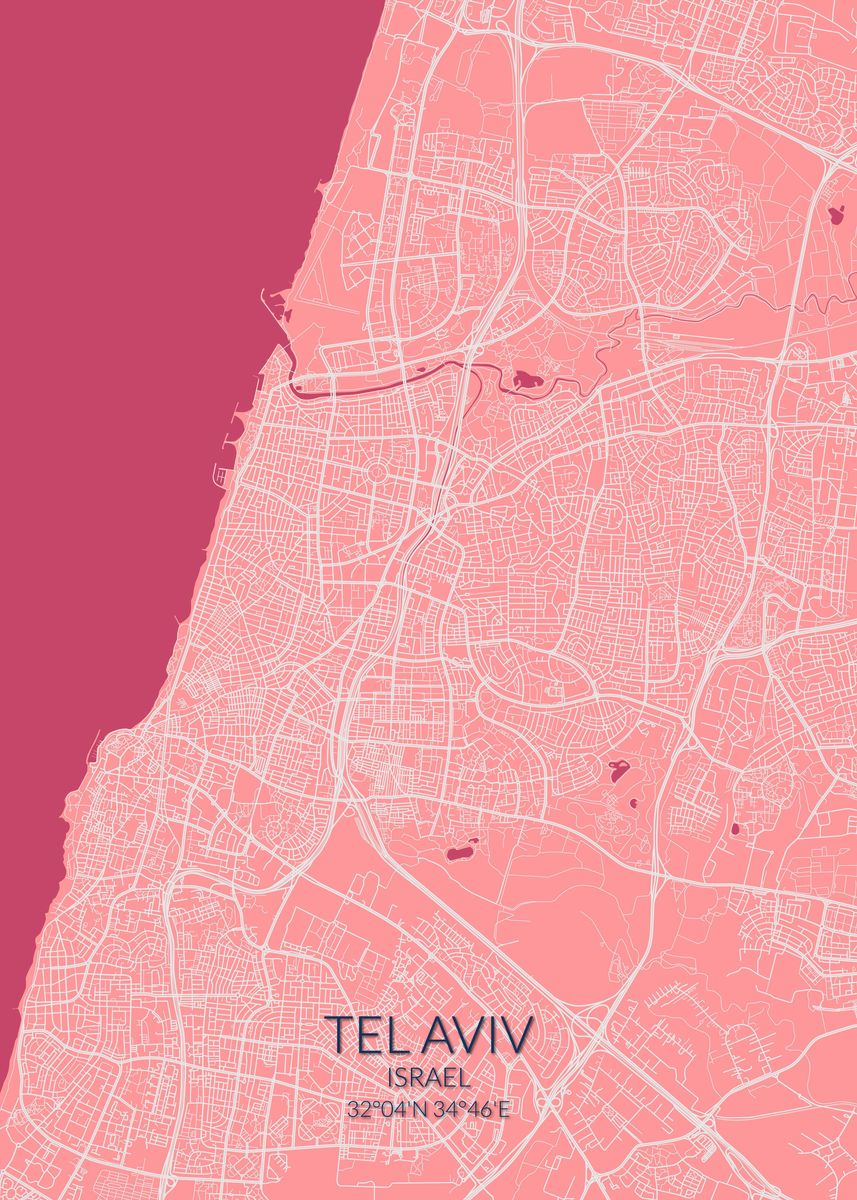 'Tel Aviv Pink Map' Poster, picture, metal print, paint by dkDesign ...