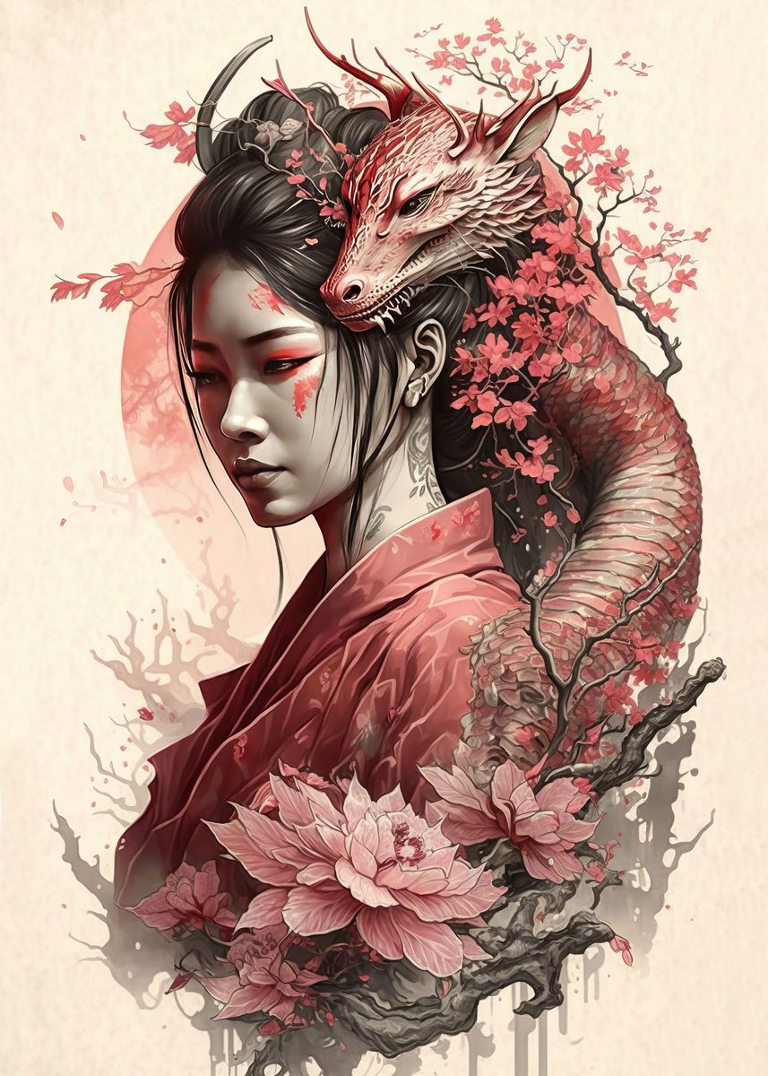'Geisha Dragon' Poster, picture, metal print, paint by Graphic Japanese ...