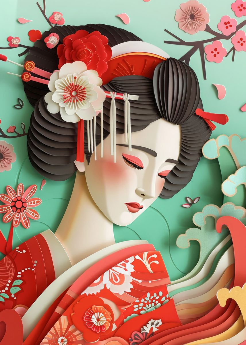 'Geisha Flat Paper Craft' Poster, picture, metal print, paint by ...