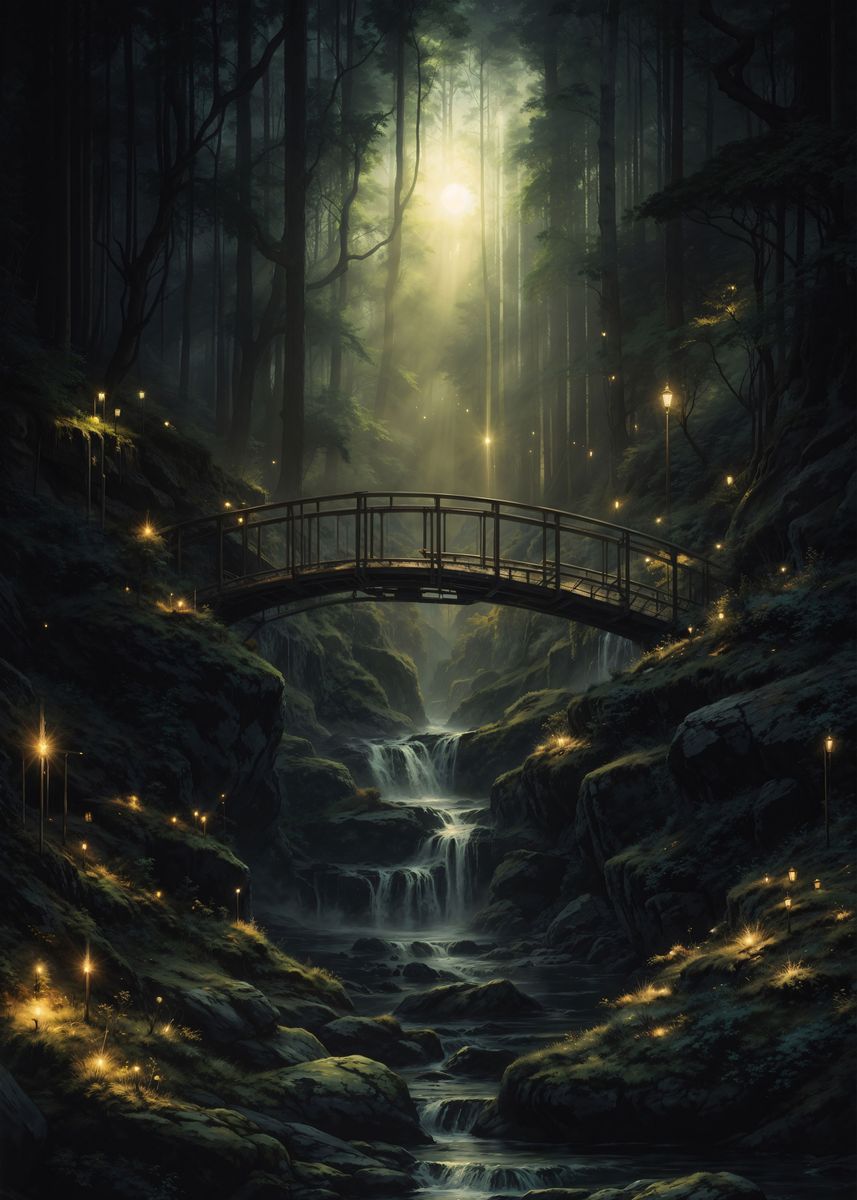 'Forest Bridge in Autumn' Poster, picture, metal print, paint by ...