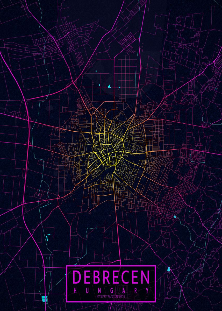 'Debrecen City Map Neon' Poster, picture, metal print, paint by deMAP ...