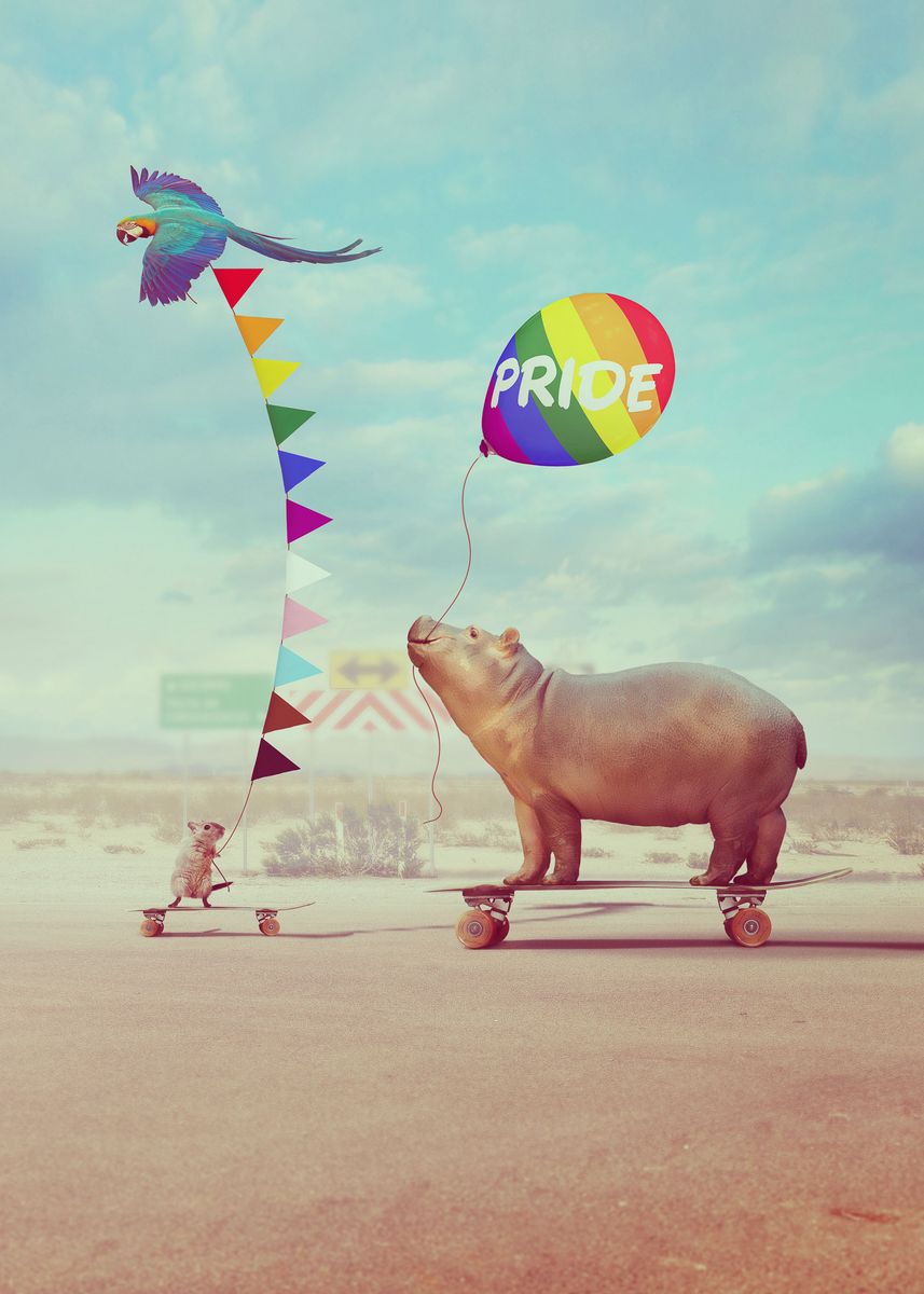 'Pride Hippo with Balloon' Poster, picture, metal print, paint by ...
