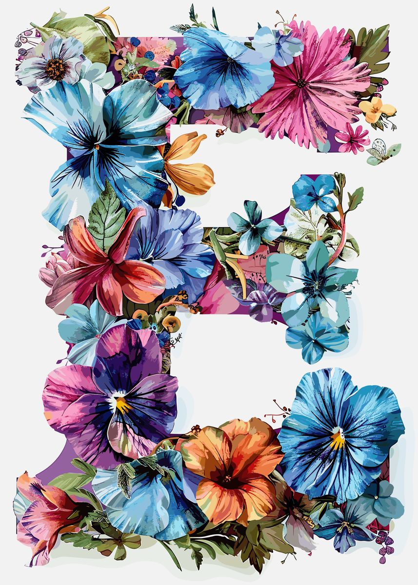 'Flower Alphabet Letter E' Poster, picture, metal print, paint by ...