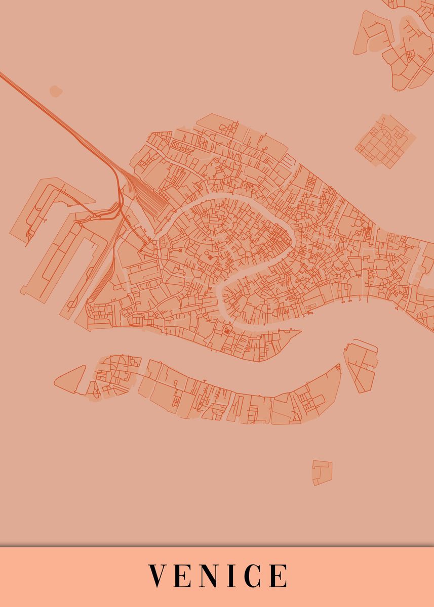 'Venice Orange Vintage Map' Poster, picture, metal print, paint by ...