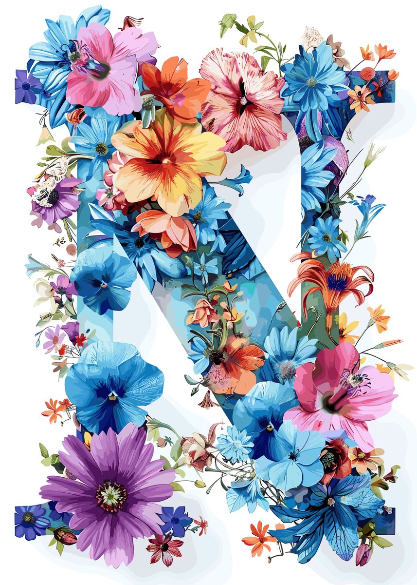 'Flower Alphabet Letter N' Poster, picture, metal print, paint by ...