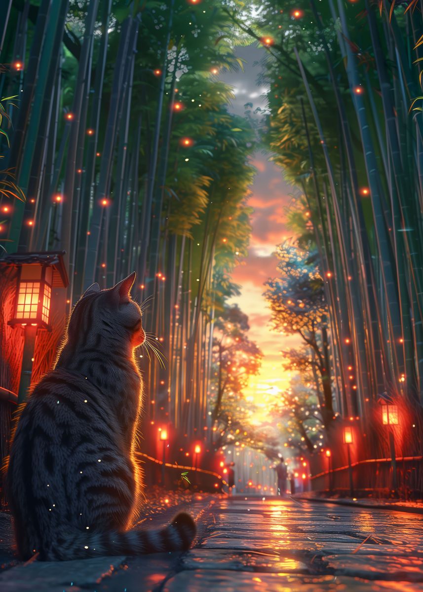 'Arashiyama Bamboo cat' Poster, picture, metal print, paint by Leika ...