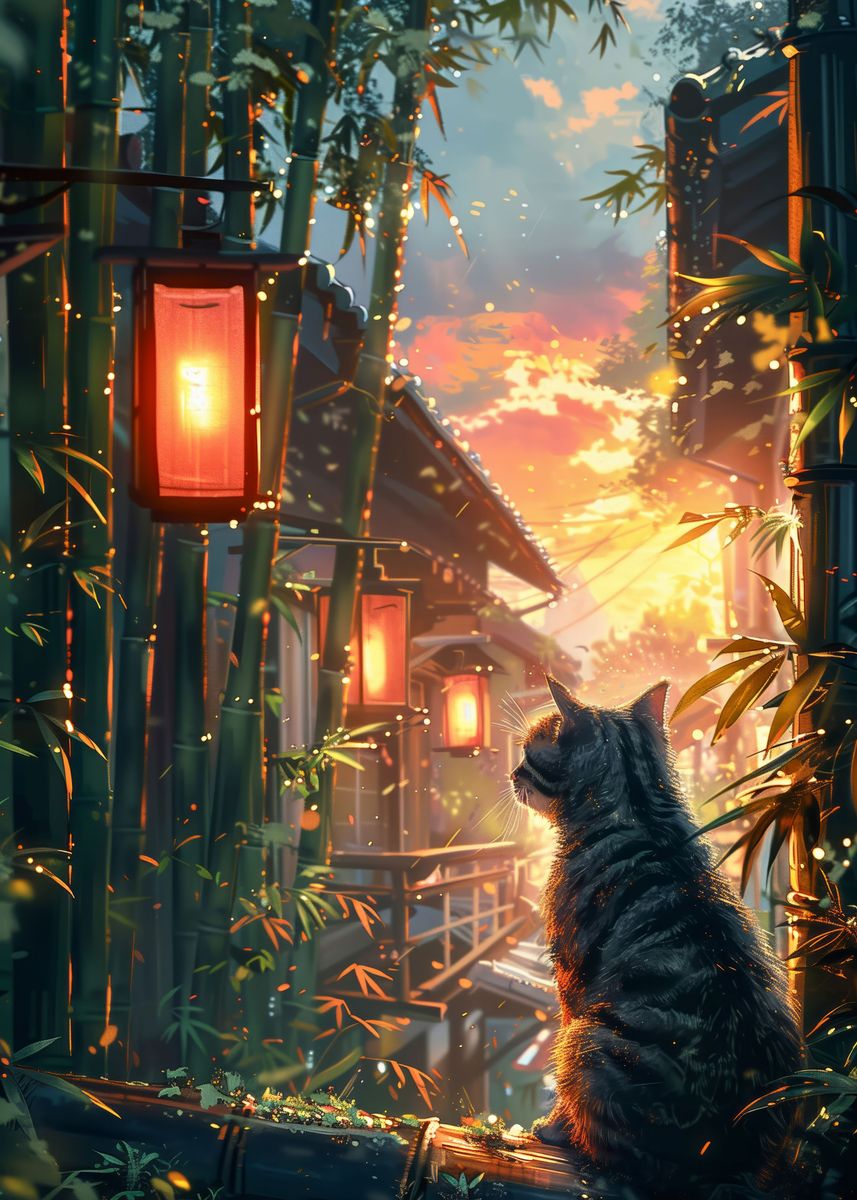 'Cute Cat Scenery at Sunset' Poster, picture, metal print, paint by ...