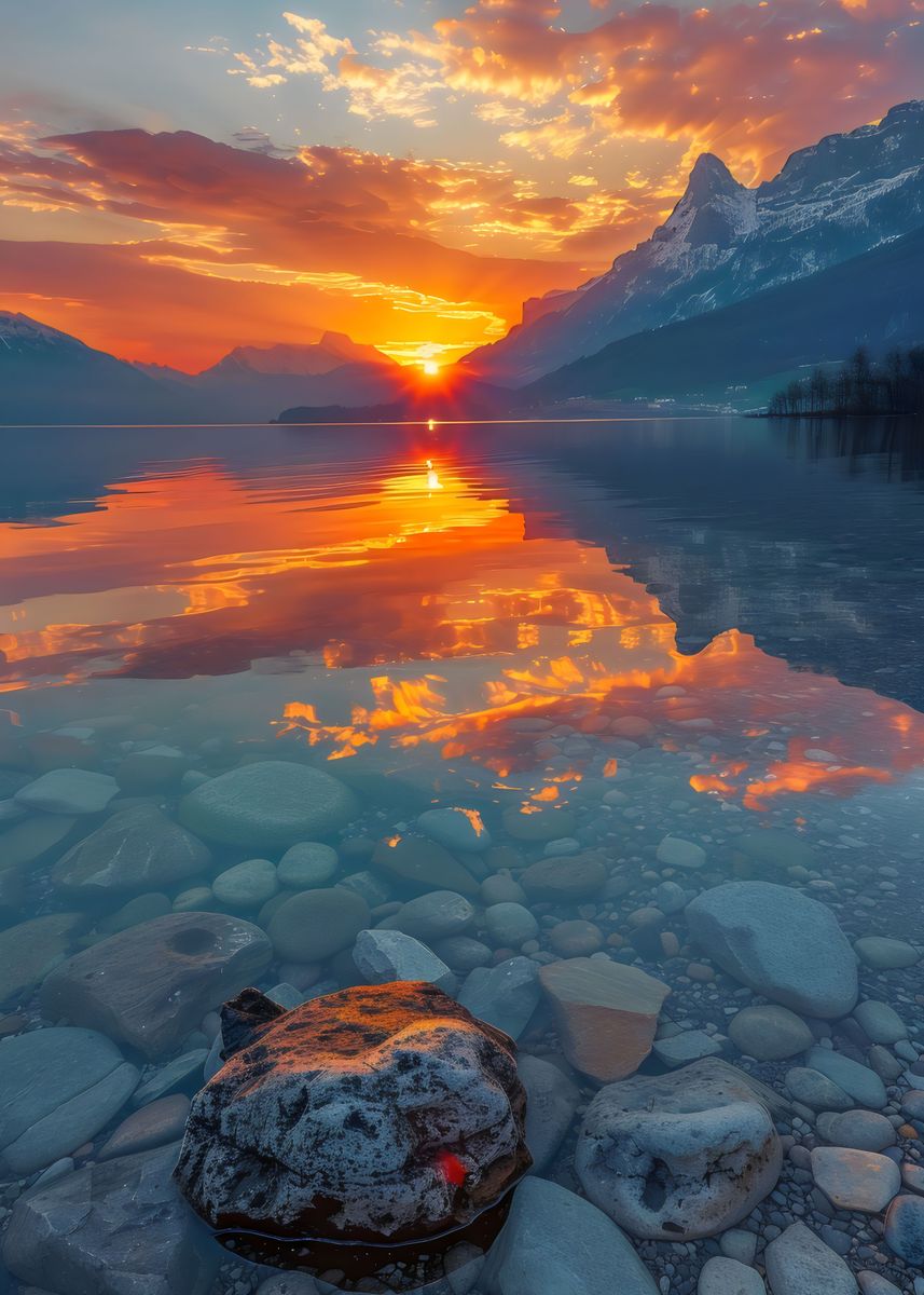 'Majestic Sunset Reflection' Poster, picture, metal print, paint by ...