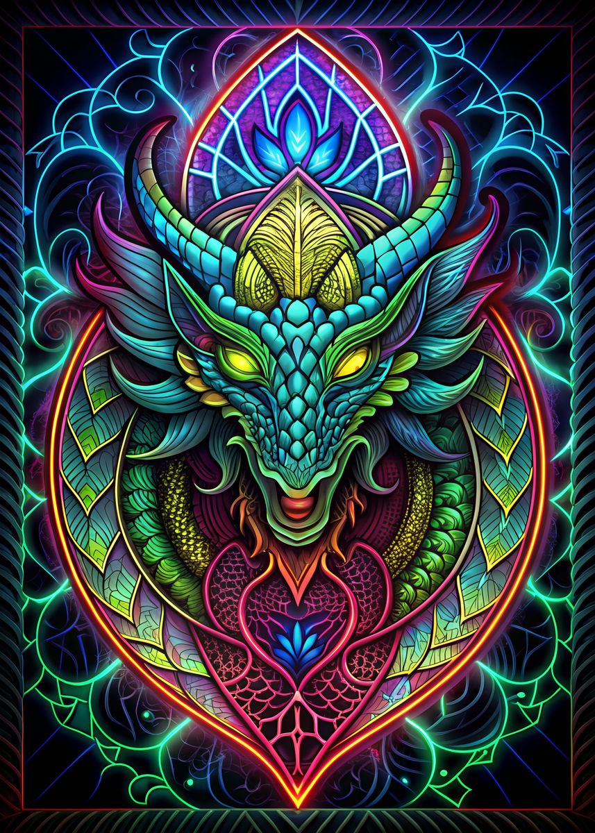 'Stained Glass Dragon Neon' Poster, picture, metal print, paint by Art ...