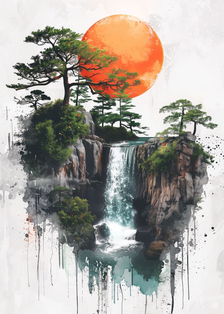 'Waterfall Japanese' Poster, picture, metal print, paint by Hristiyana ...