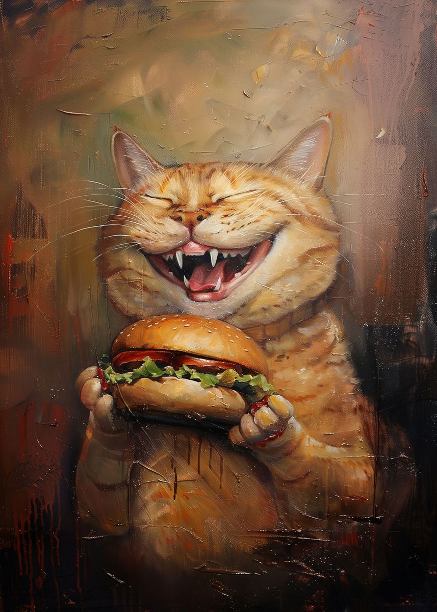'Evil Cat Hamburger Food' Poster, picture, metal print, paint by Zenz ...