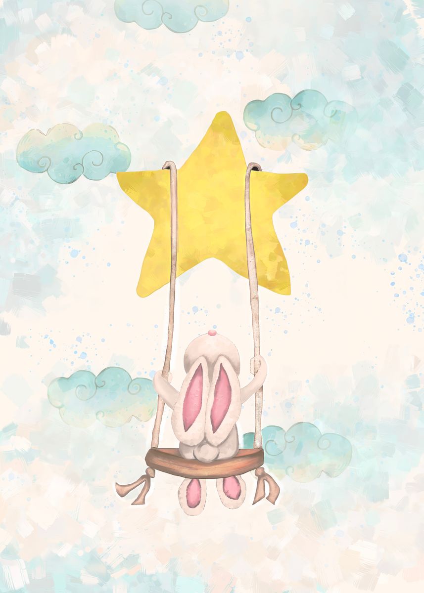 'Rabbit on a Star Swing' Poster, picture, metal print, paint by ...