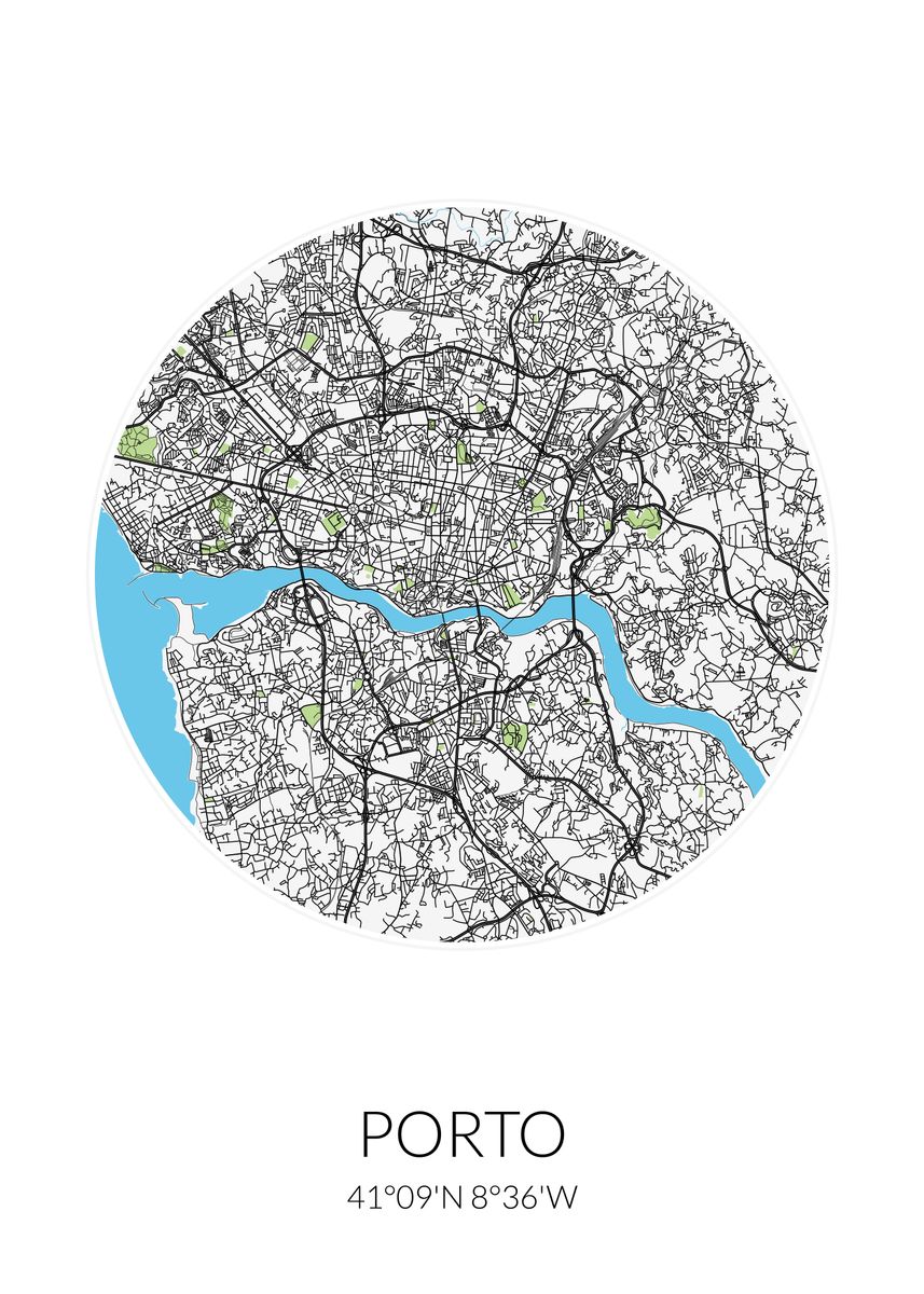 'Porto Circle City Map' Poster, picture, metal print, paint by dkDesign ...