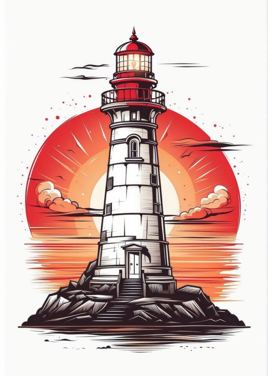 'Lighthouse At Sunset' Poster, picture, metal print, paint by Art Shack ...