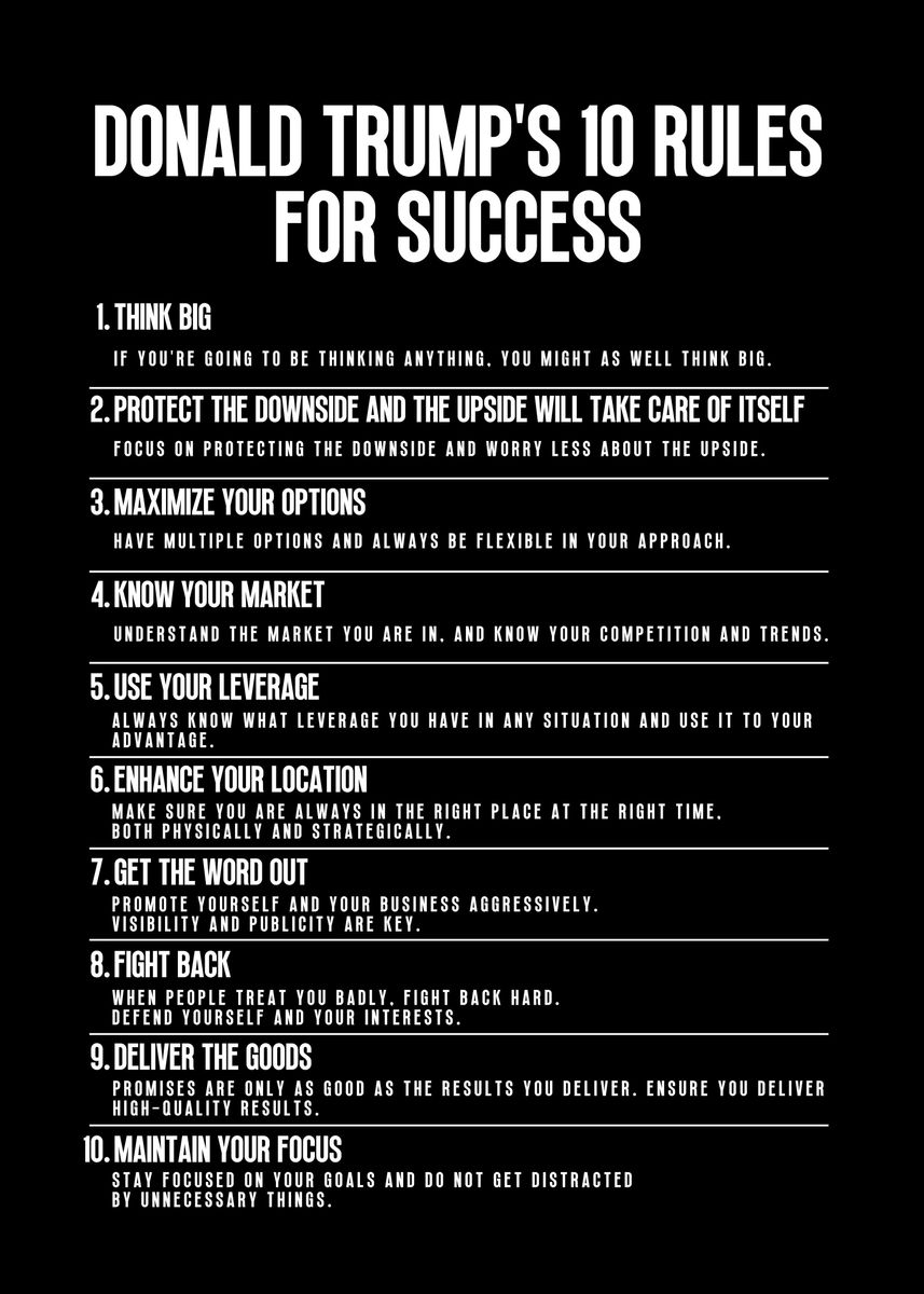 'Trump 10 rules for success' Poster, picture, metal print, paint by Nae | Displate