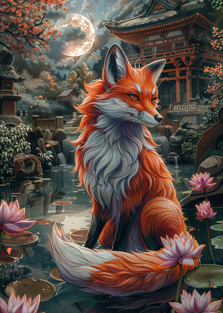 'Fox with Temple' Poster, picture, metal print, paint by 2Meow | Displate
