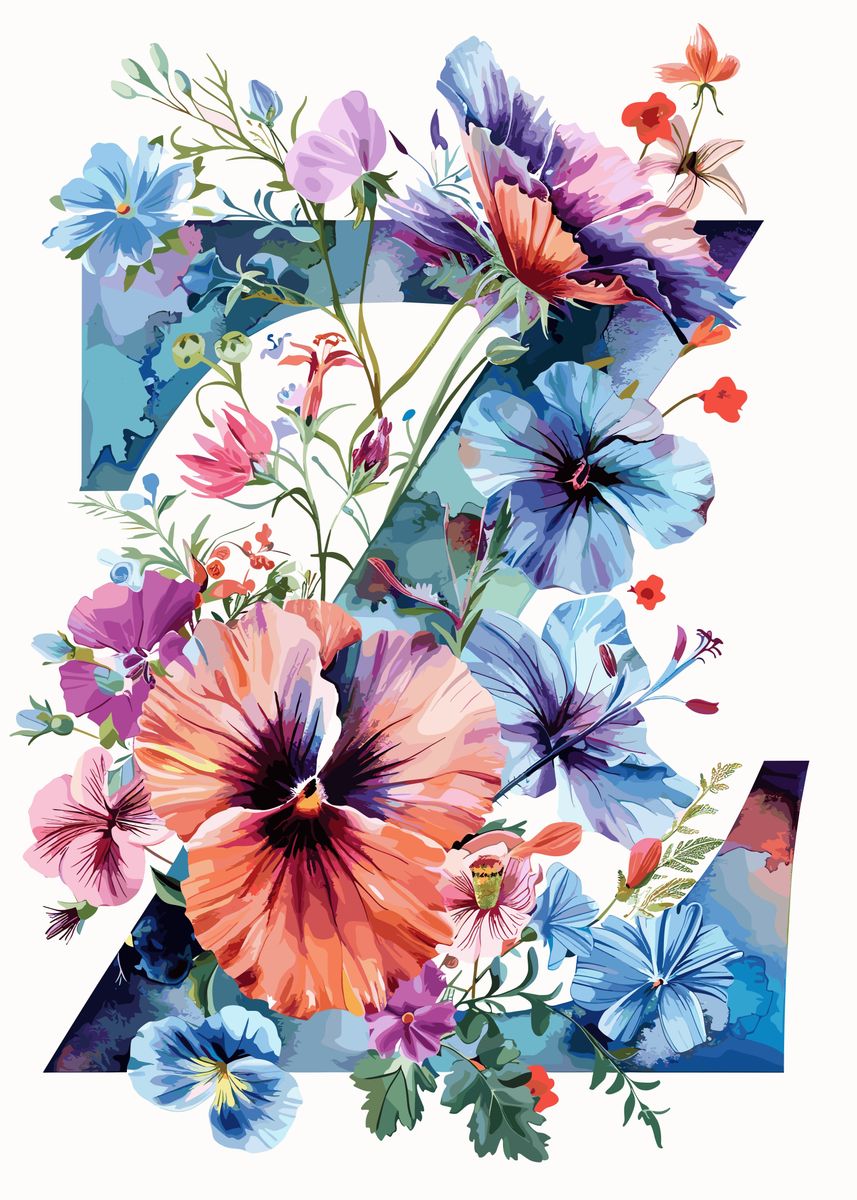 'Flower Alphabet Letter Z' Poster, picture, metal print, paint by ...