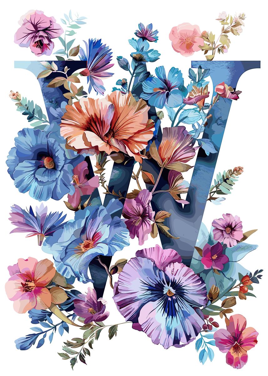 'Flower Alphabet Letter W' Poster, picture, metal print, paint by ...