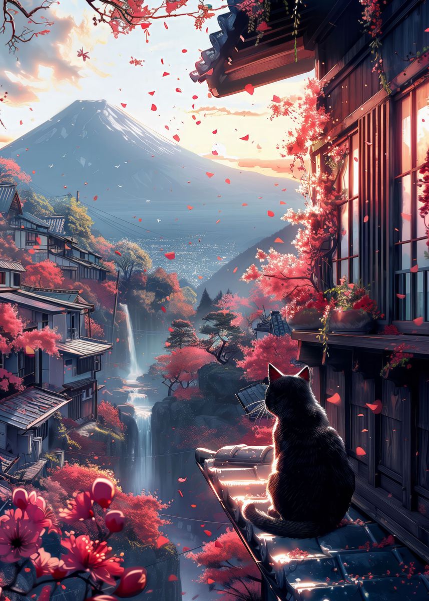 'Cute Cat serenity Scenery' Poster, picture, metal print, paint by ...