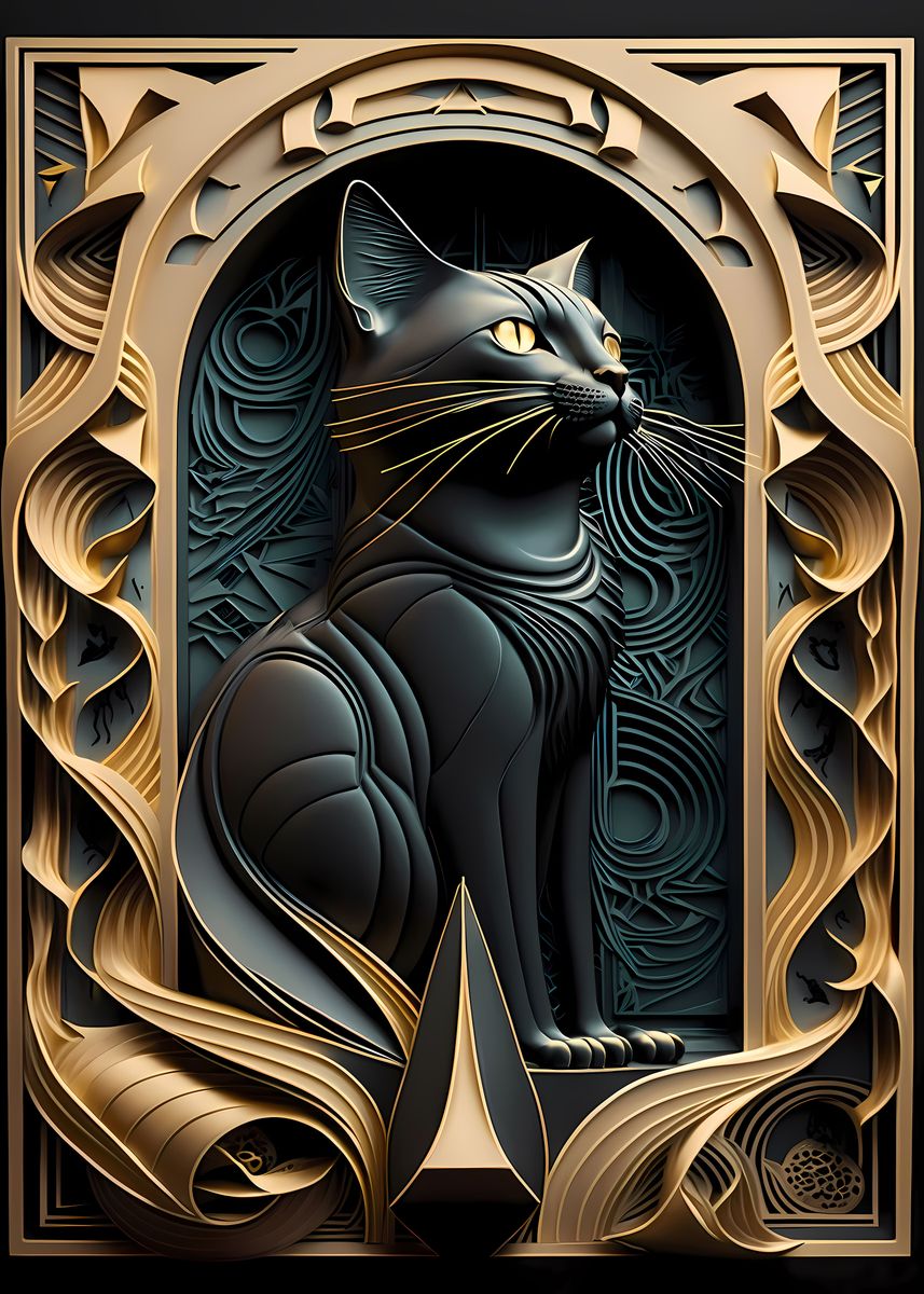 'Black Golden Sentinel Cat' Poster, picture, metal print, paint by ...