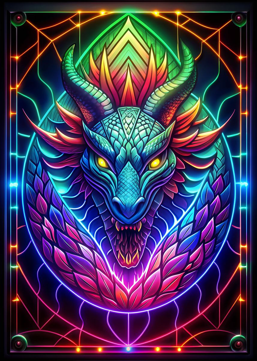 'Stained Glass Dragon Neon' Poster, picture, metal print, paint by Art ...