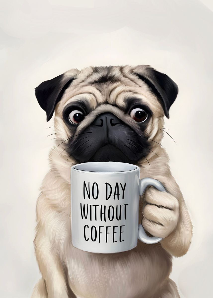 'Pug And coffee' Poster, picture, metal print, paint by sinnois | Displate