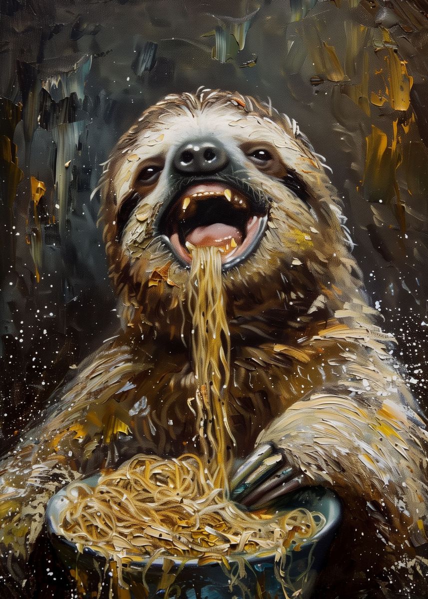 'Funny Sloth Spaghetti Eat' Poster, picture, metal print, paint by ...