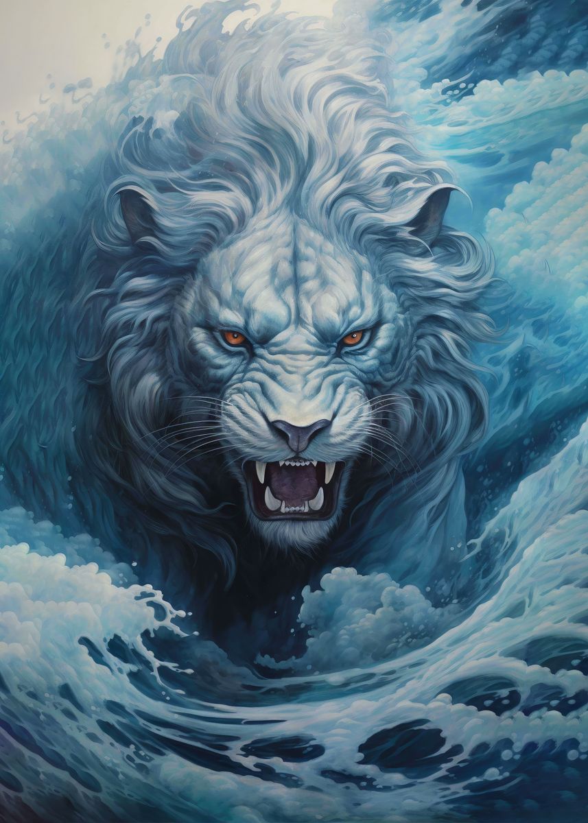 'Lion Waves Japanese' Poster, picture, metal print, paint by Hristiyana ...