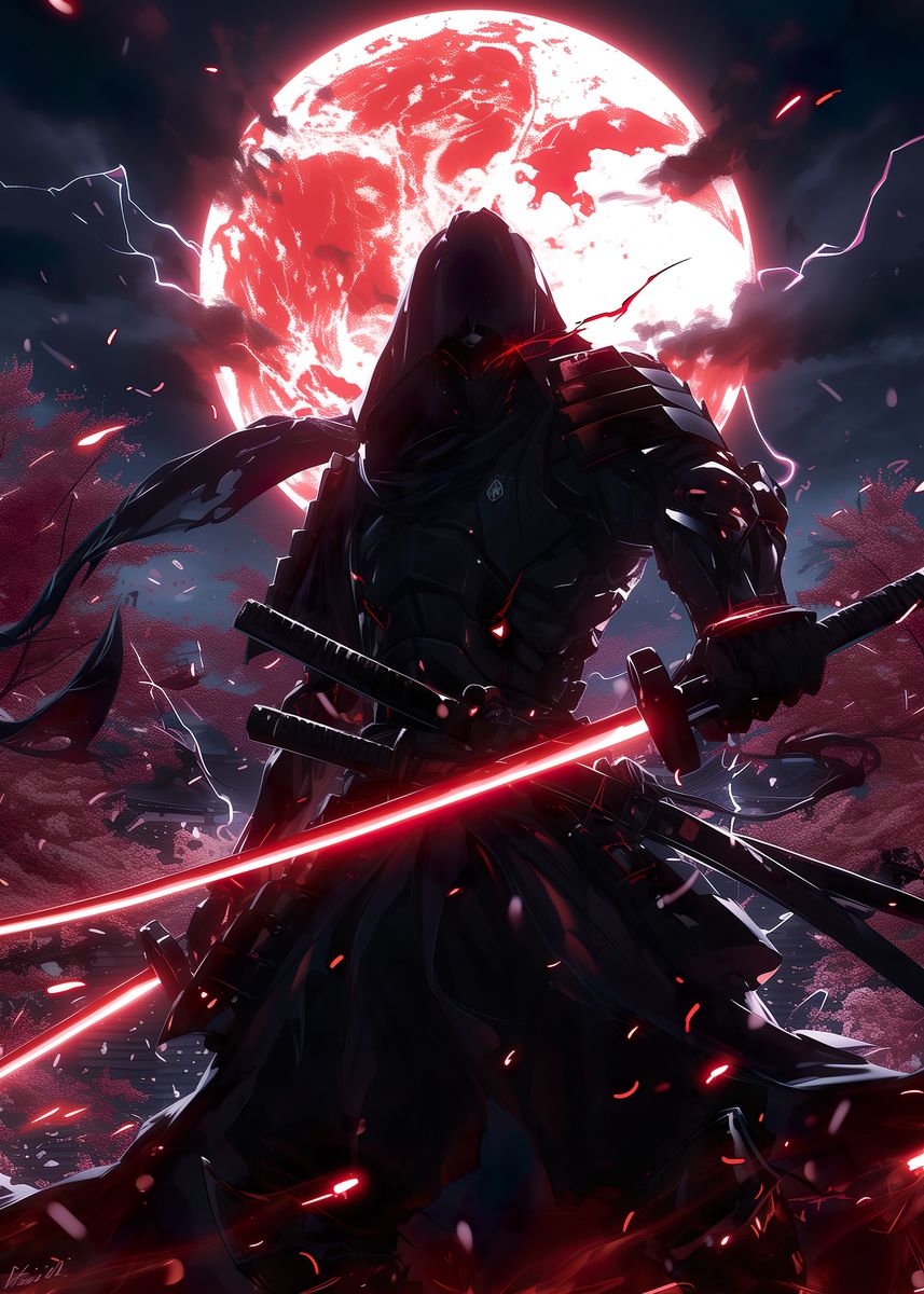 'Black Bloodmoon Samurai' Poster, picture, metal print, paint by ...