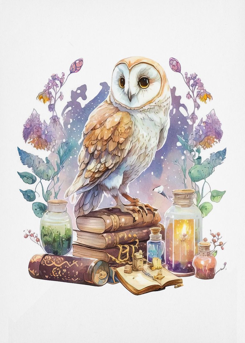 'owl and book ' Poster, picture, metal print, paint by Patsy Montoya ...