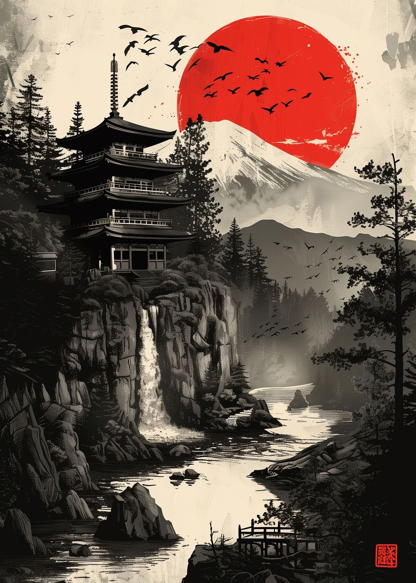 'Red Moon Japan' Poster, picture, metal print, paint by Creative YS ...