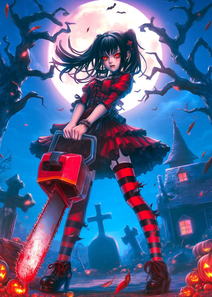 'Moonlight Chainsaw Cutie' Poster, picture, metal print, paint by Elysian Atelier | Displate