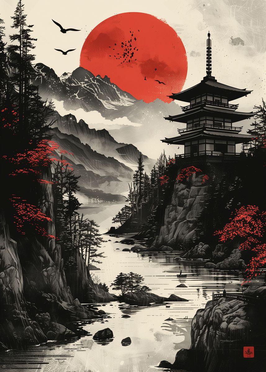 'Red Moon Japan' Poster, picture, metal print, paint by Creative YS ...