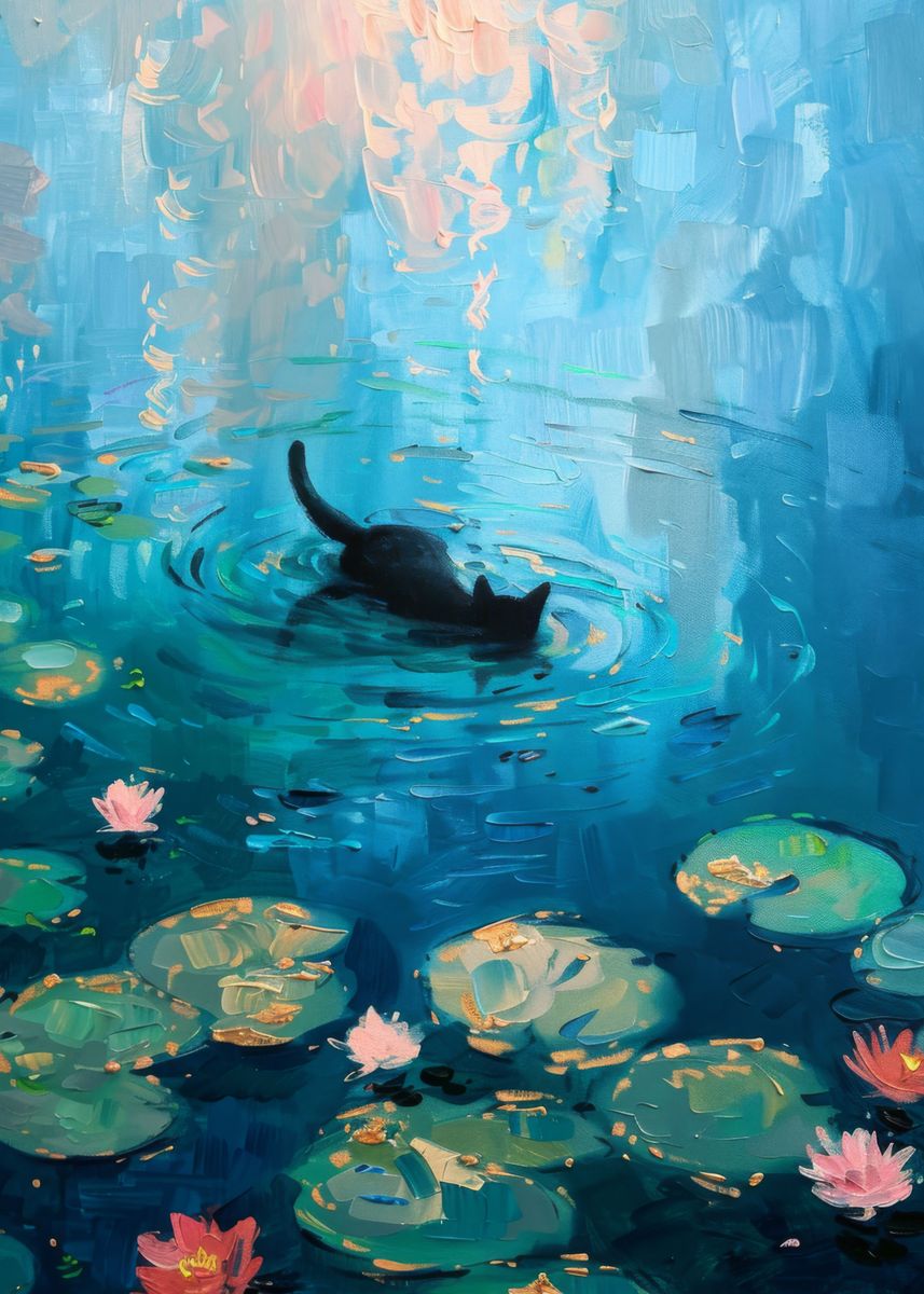 'Monet Cat Waterlilies' Poster, picture, metal print, paint by ...