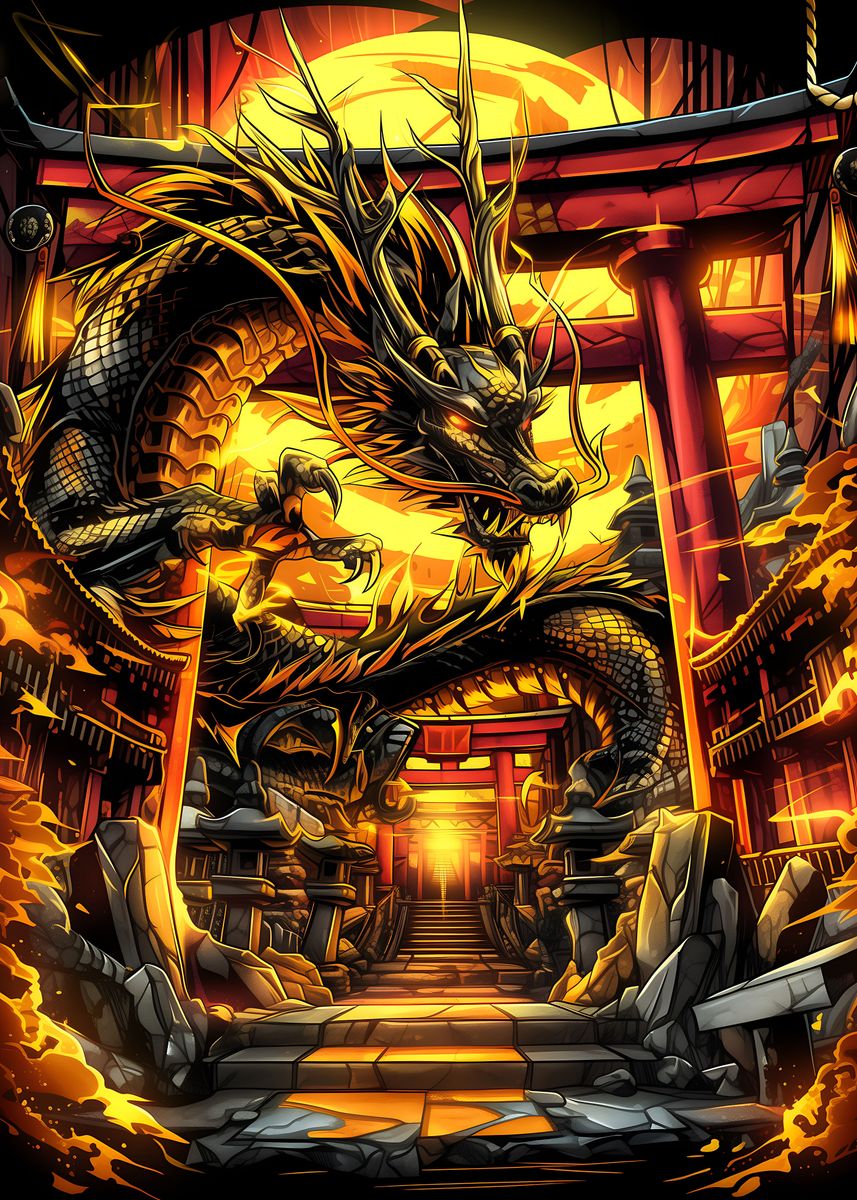 'Kintsugi Golden Dragon' Poster, picture, metal print, paint by ...