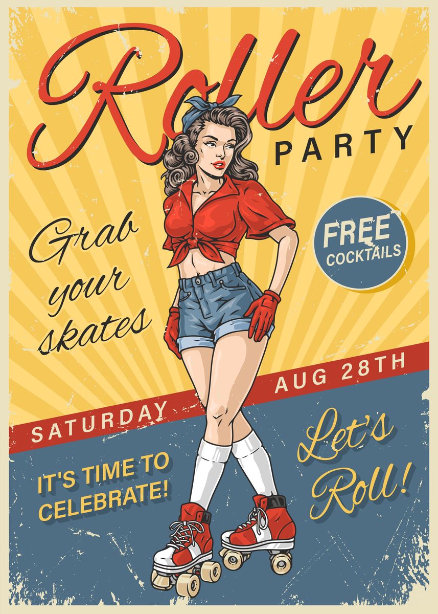 'Roller Party Pin Up Girl' Poster, picture, metal print, paint by ...
