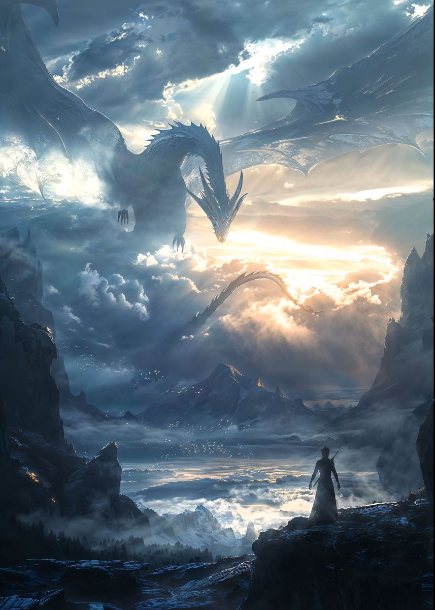 'Mythical Dragons Awakening' Poster, picture, metal print, paint by Pixaverse | Displate