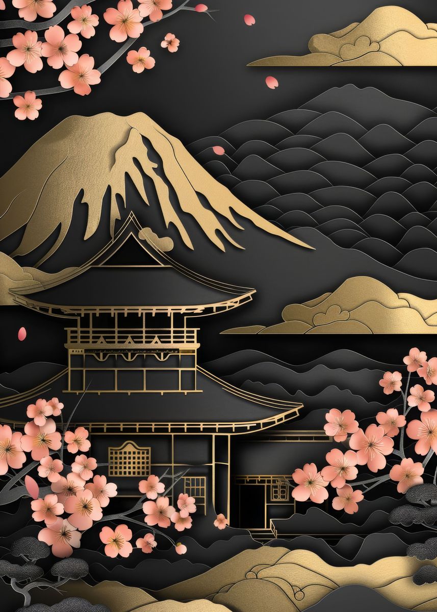 'Cherry Bloss Mountain Gold' Poster, picture, metal print, paint by Kai ...