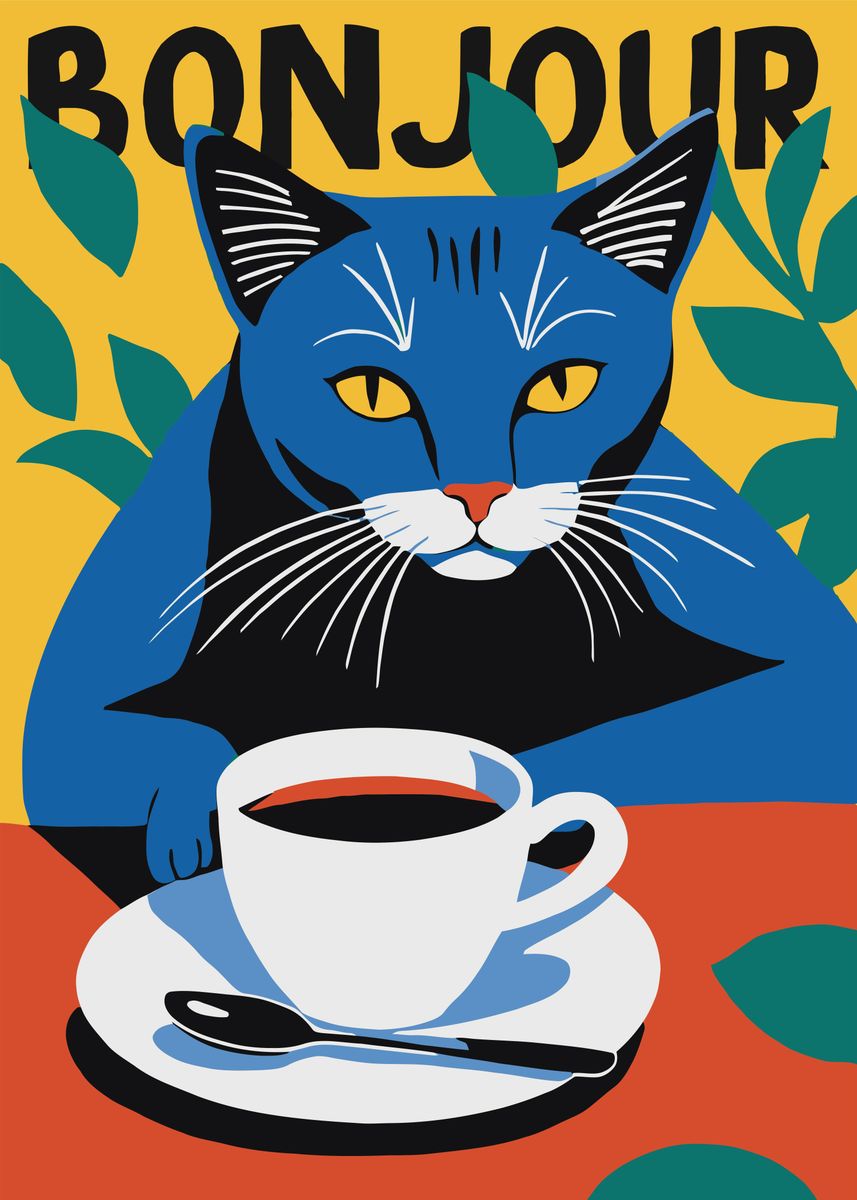 'Bonjour Cat Poster' Poster, picture, metal print, paint by ...