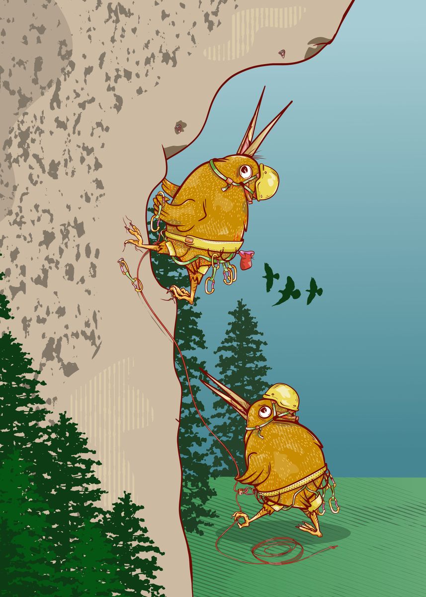 'Kiwi birds rock climbing' Poster, picture, metal print, paint by mailbox disco | Displate