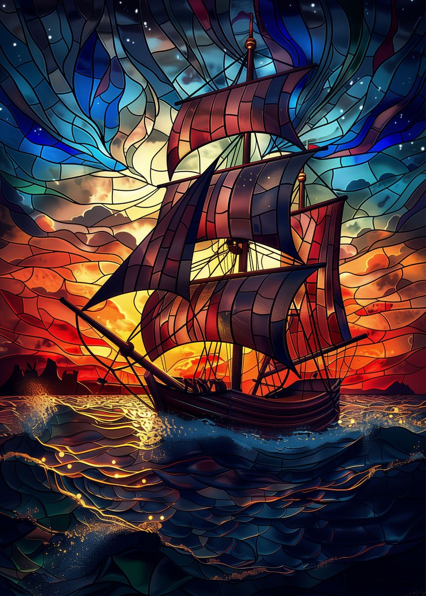 'Stained Glass Pirate Ship' Poster, picture, metal print, paint by ...