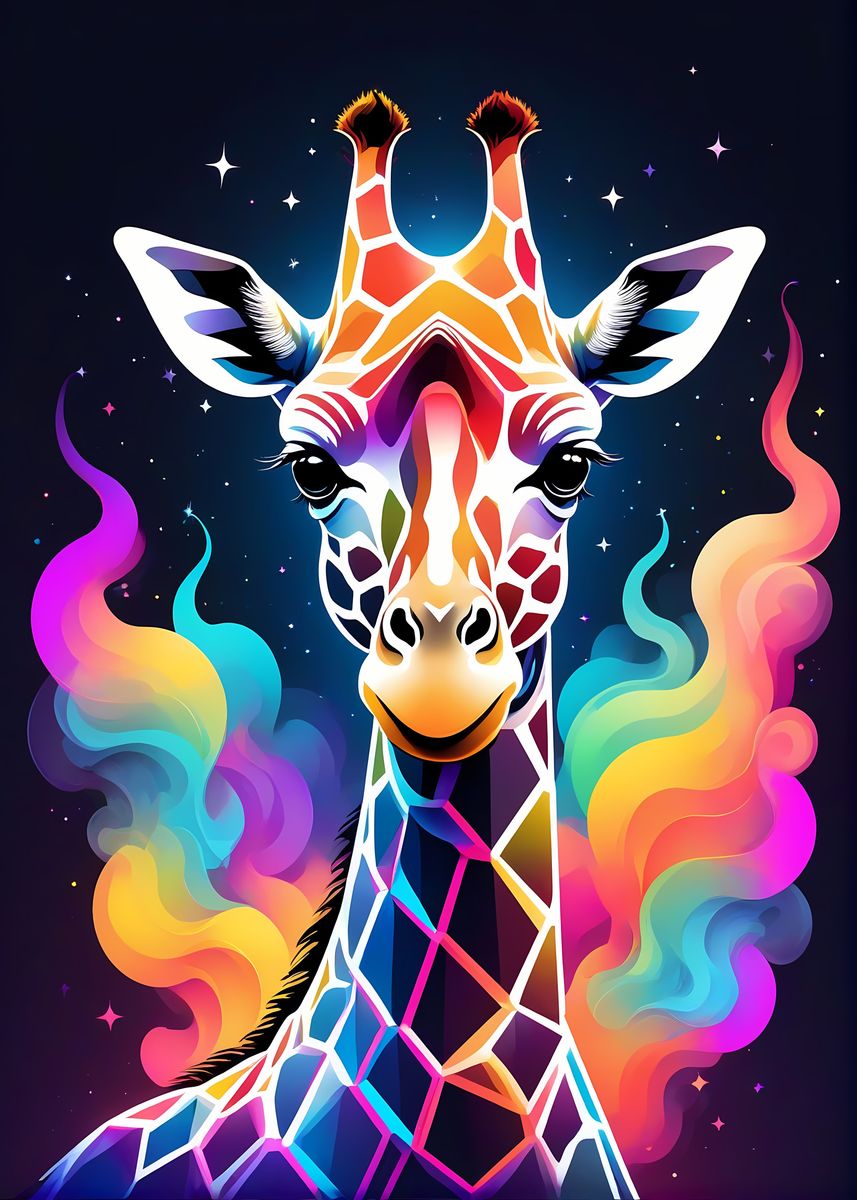 'Giraffe Neon Colorful ' Poster, picture, metal print, paint by ...
