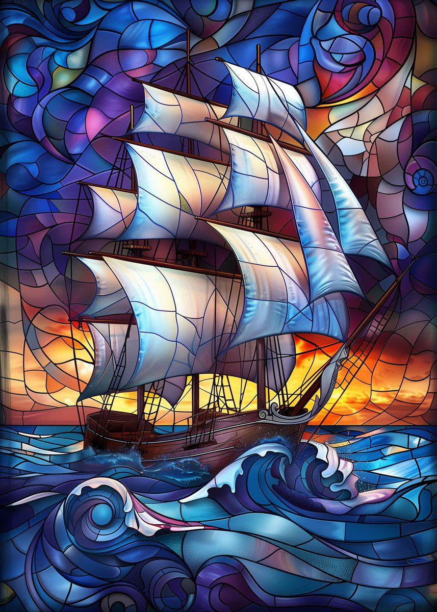 'Stained Glass Pirate Ship' Poster, picture, metal print, paint by ...