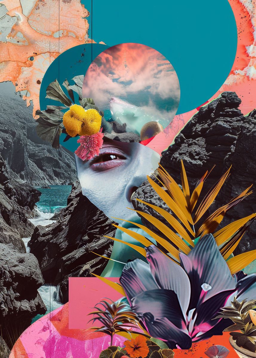 'Tropical Face With Flowers' Poster, picture, metal print, paint by ...