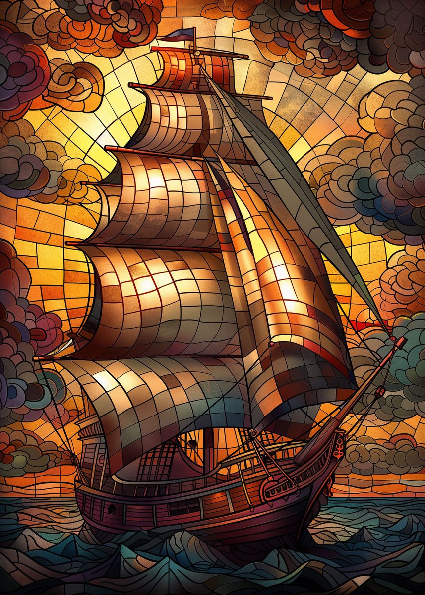 'Stained Glass Pirate Ship' Poster, picture, metal print, paint by ...