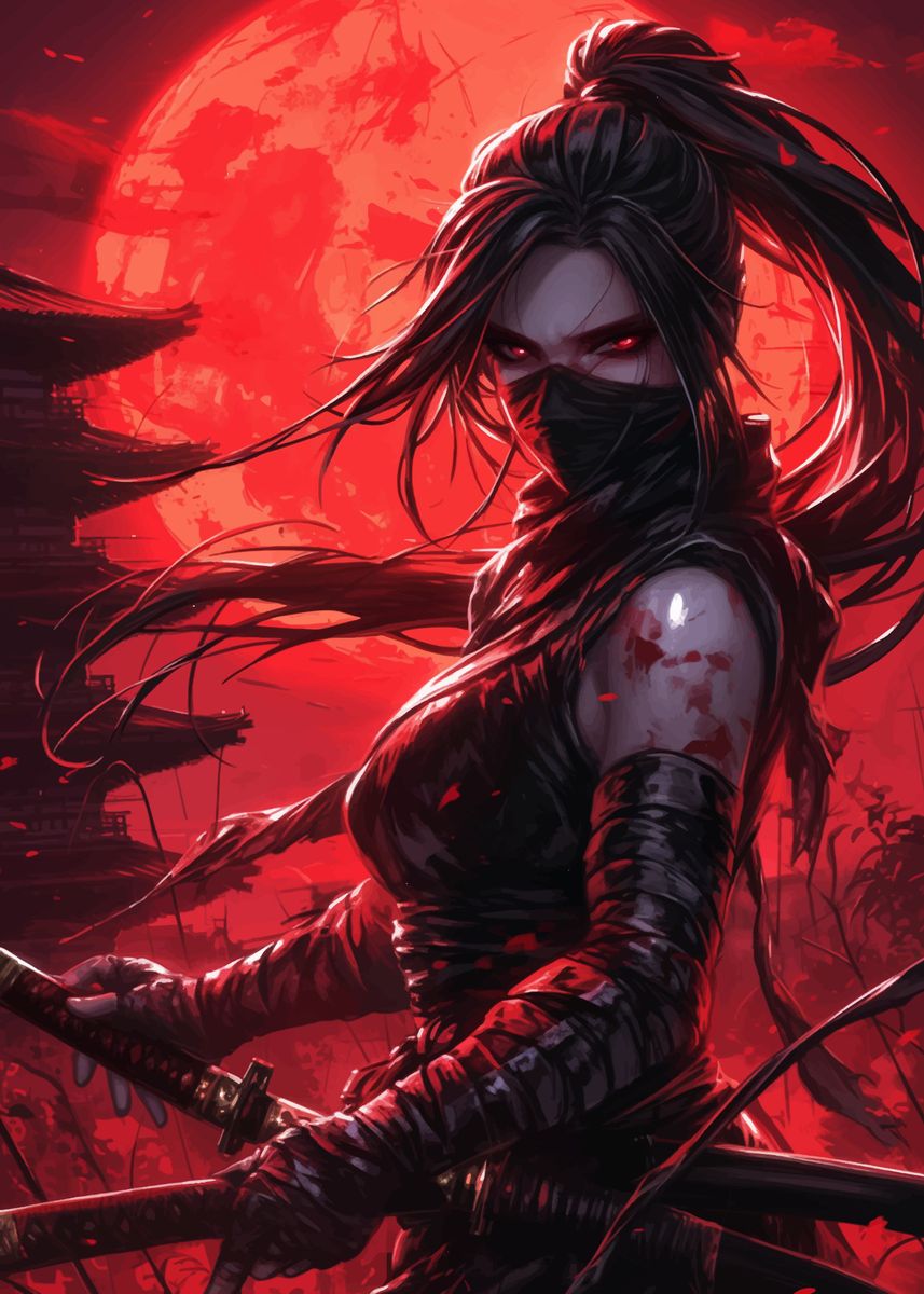 'Samurai red moon' Poster, picture, metal print, paint by You Design ...