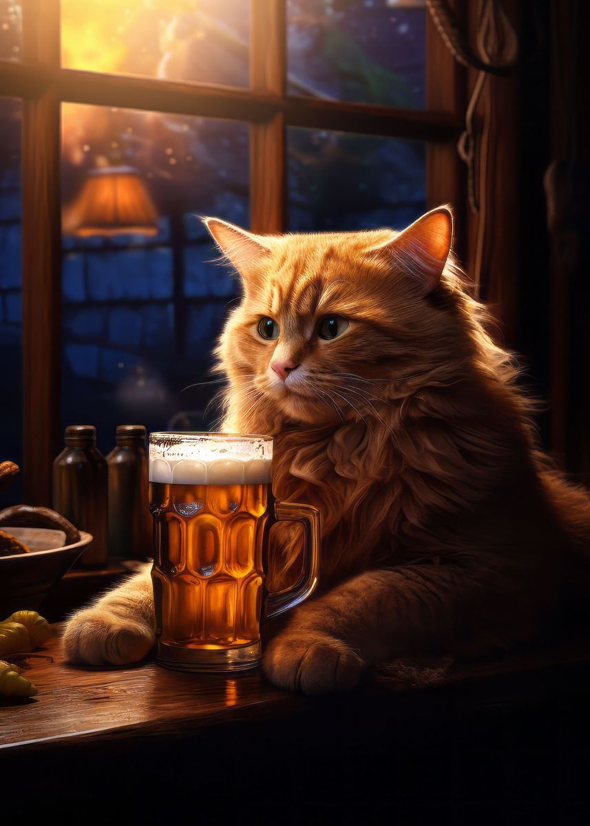 'Cat With Beer' Poster, picture, metal print, paint by FavoritePlates ...
